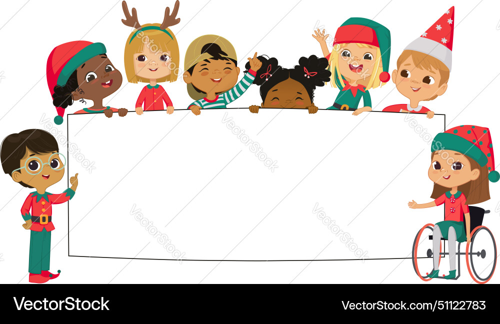 Multicultural christmas elves hold a blank board Vector Image