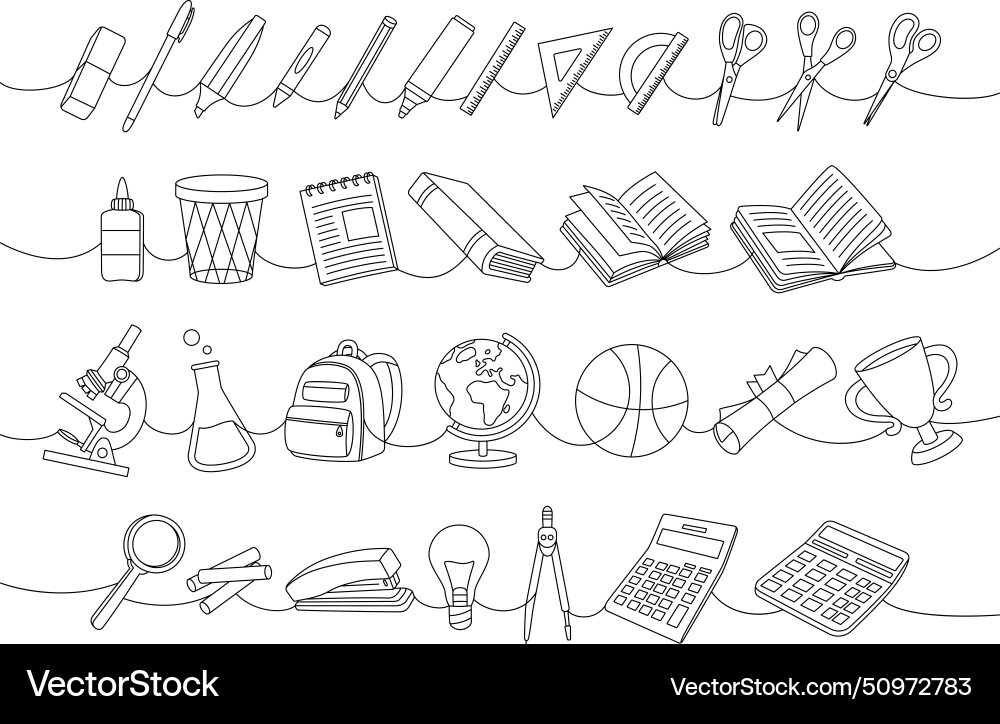 School supplies collection one line continuous Vector Image