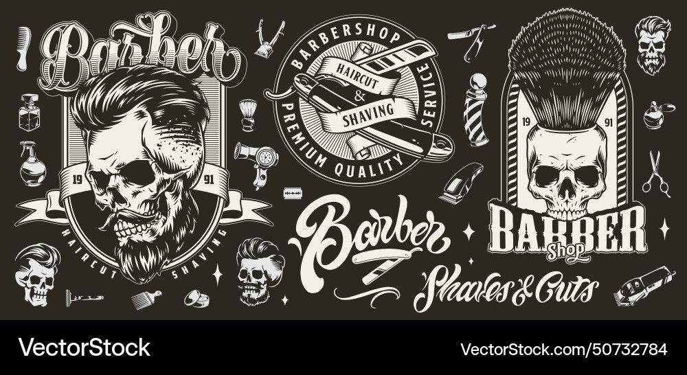 Barbershop vintage set emblems monochrome Vector Image
