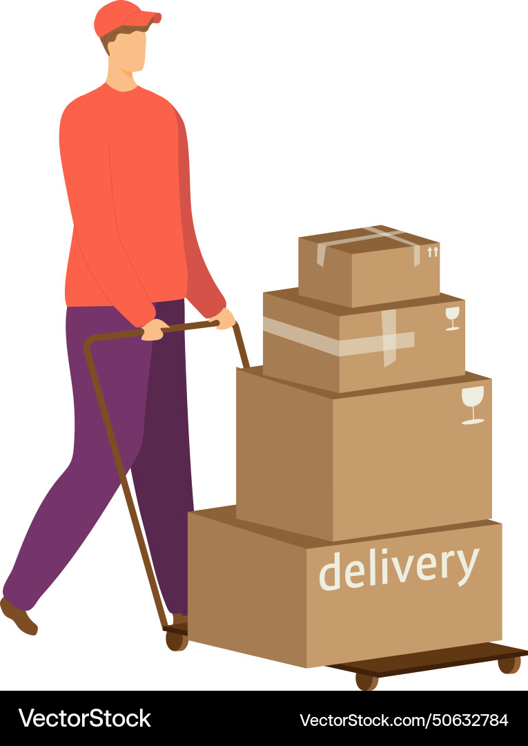 Delivery man pushing trolley stacked boxes male Vector Image