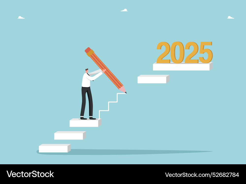 Man drawing missing steps to 2025 Royalty Free Vector Image