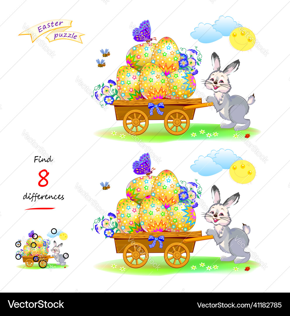 Find 8 differences of easter rabbit with eggs Vector Image