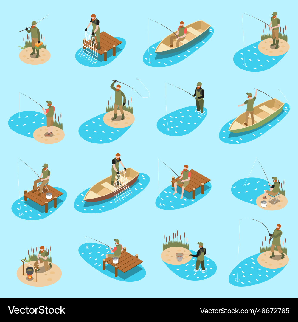 Fishing fisherman isometric icon set Royalty Free Vector