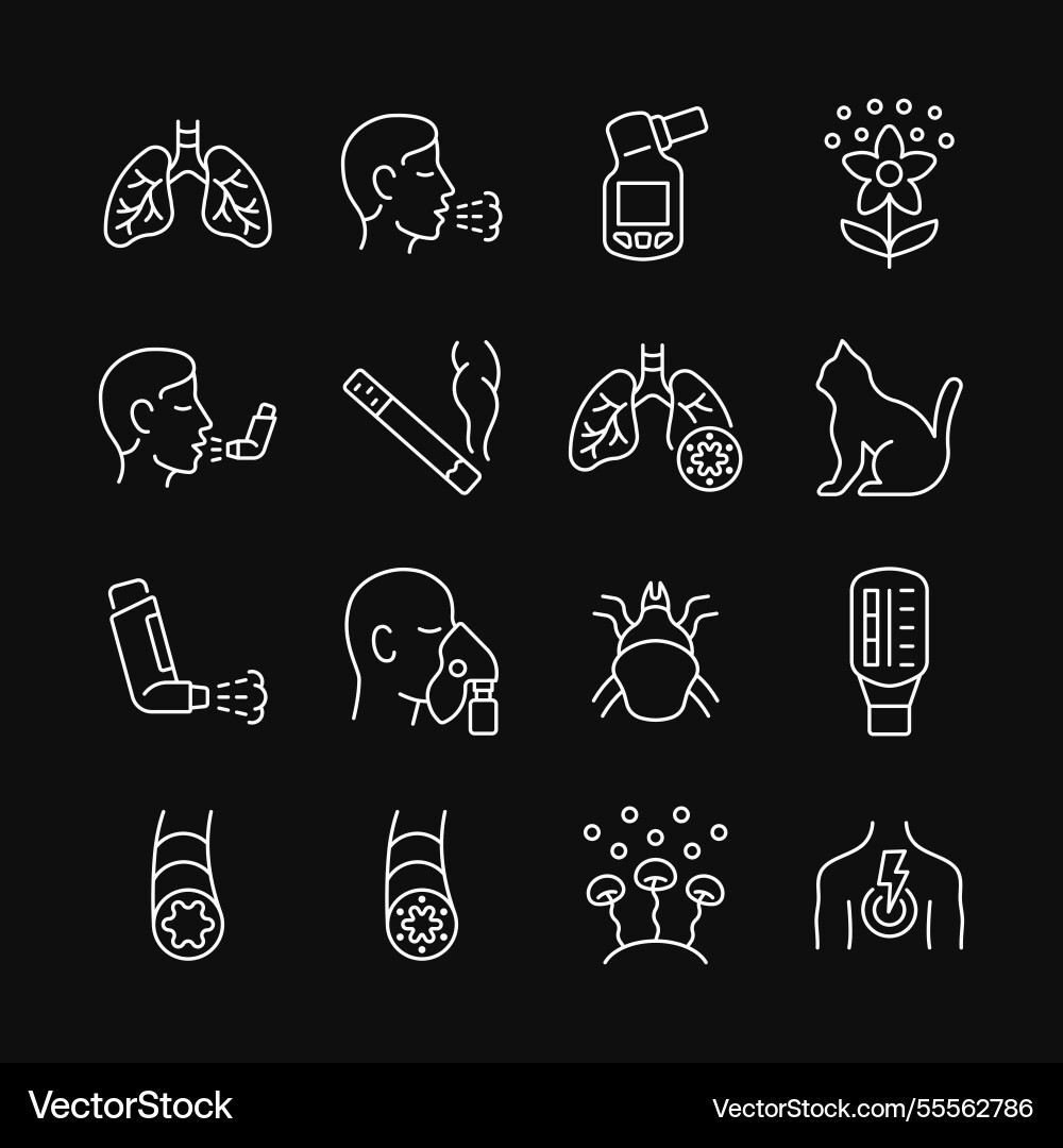 Asthma line white icon set on black background Vector Image