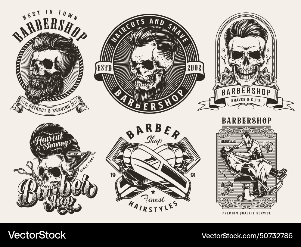 Barber shop set stickers monochrome Royalty Free Vector