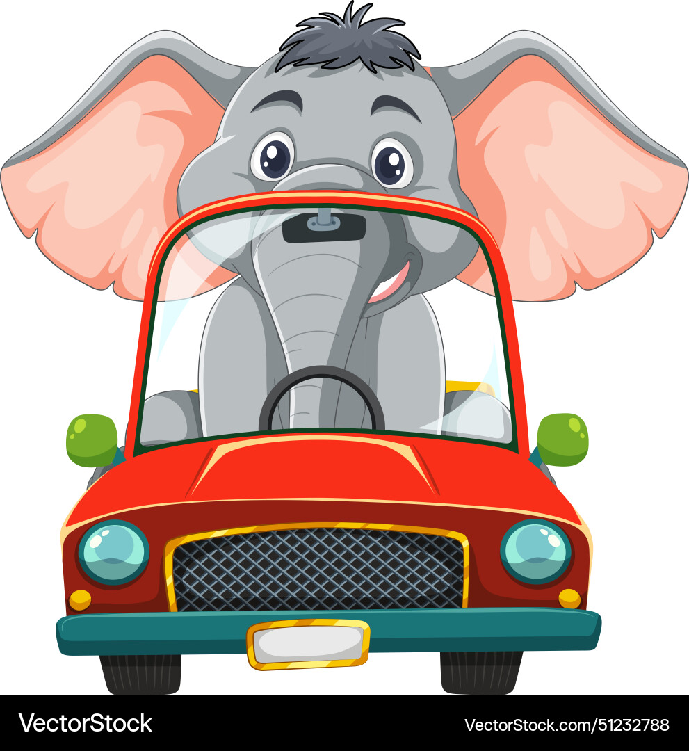 Cheerful elephant in a vibrant red car Royalty Free Vector