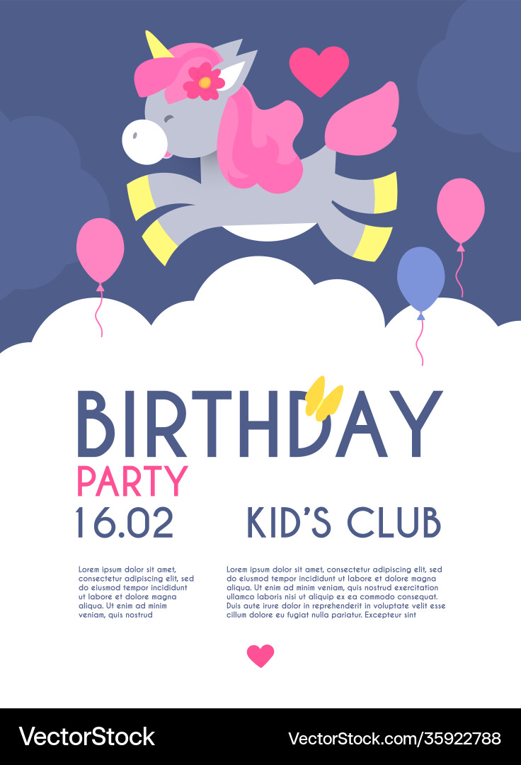 Kid birthday flyer template cute unicorn Vector Image