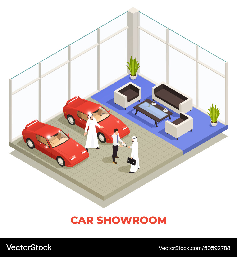 Saudi car showroom composition Royalty Free Vector Image