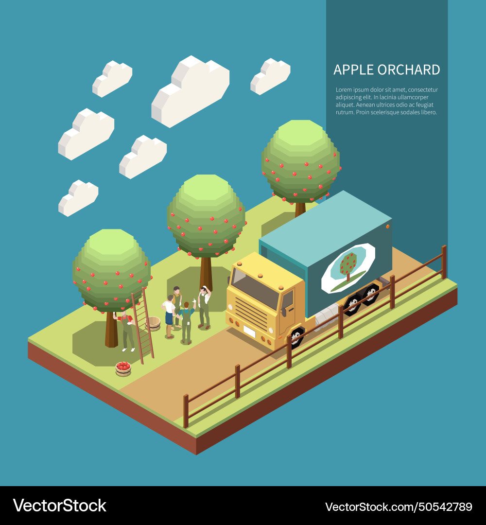 Apple orchard isometric composition Royalty Free Vector