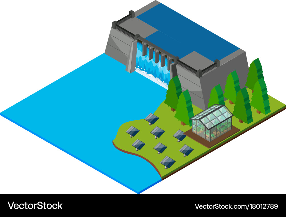 Solar cell and greenhouse at the dam Royalty Free Vector