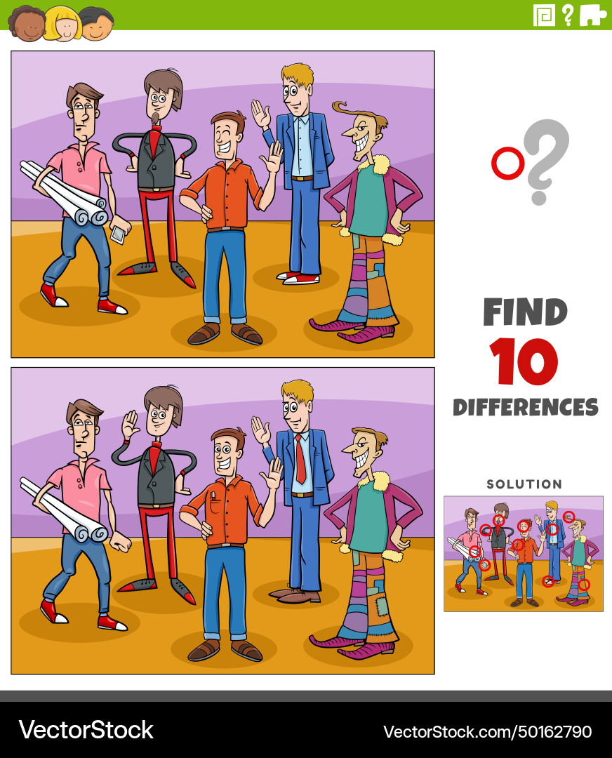 Differences game with cartoon young men group Vector Image