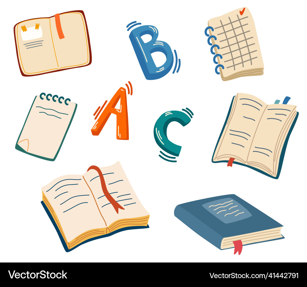 Books and english letters set for learning Vector Image