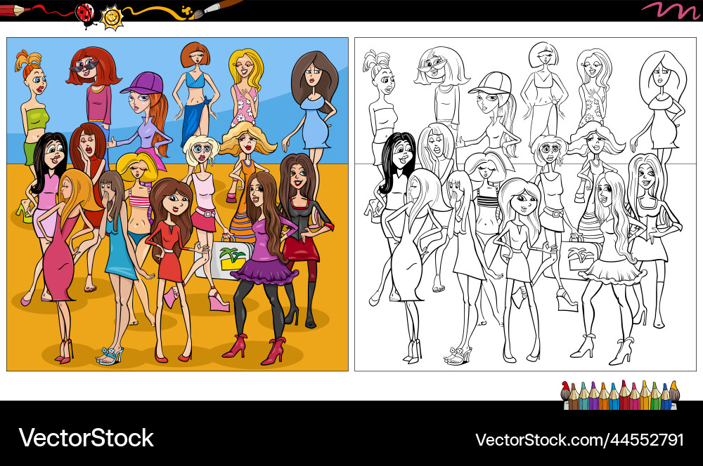 Comic women characters group coloring page Vector Image