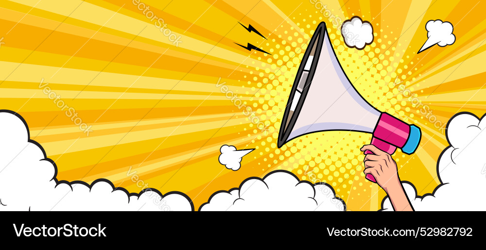 Hand holds megaphone bullhorn in retro pop art Vector Image