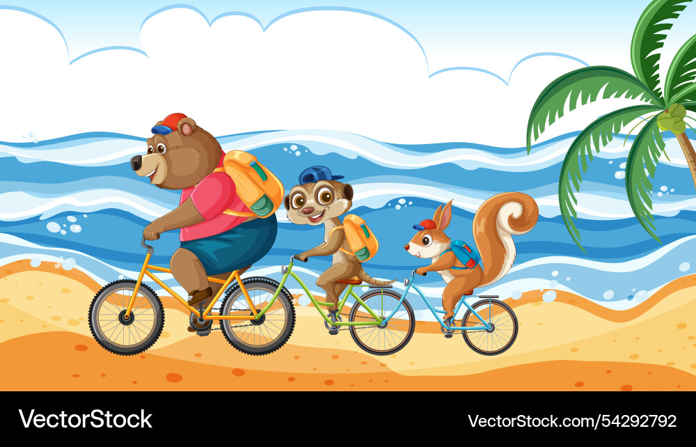Three animals ride bikes by the ocean Royalty Free Vector