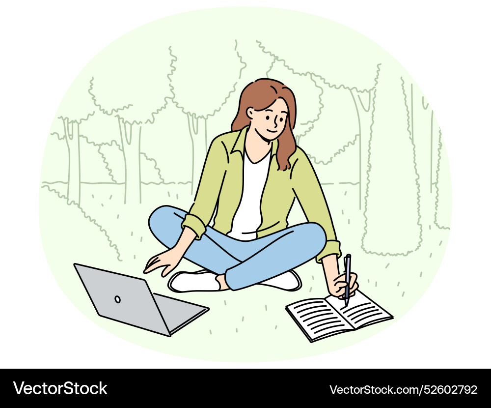 Woman student is sitting on lawn making notes Vector Image