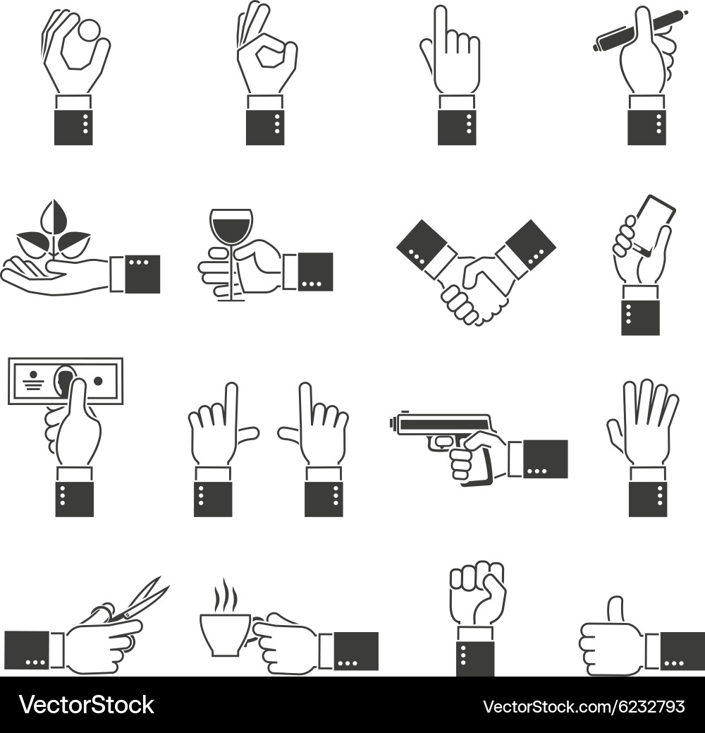 Hand icons black set Royalty Free Vector Image