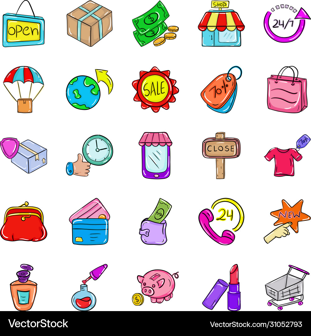 Shopping and e commerce doodle icons pack Vector Image
