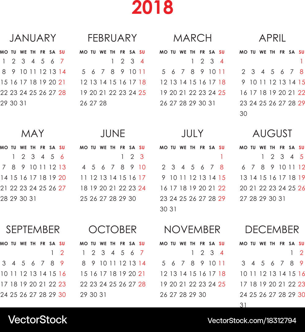 Calendar for 2018 year Royalty Free Vector Image