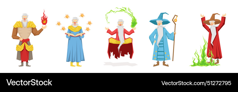 Different wizard male character in robe do spell Vector Image