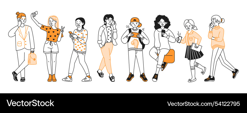 Group of young people using smartphones line Vector Image
