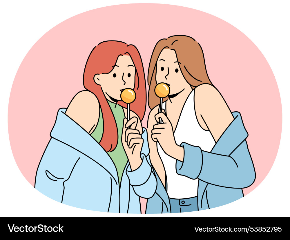 Two women with chupa chups in hands dressed Vector Image