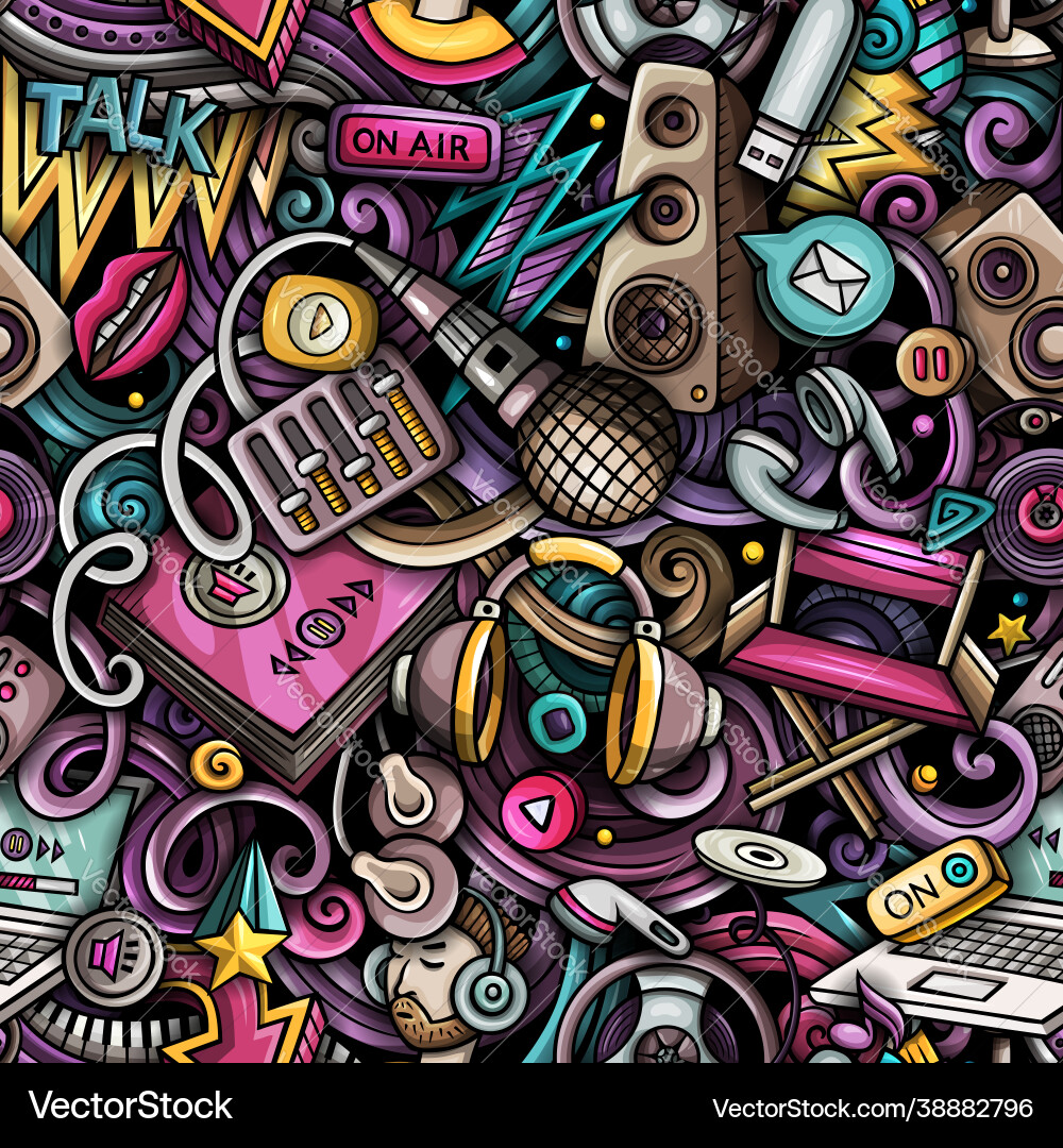 Cartoon doodles audio content seamless pattern Vector Image