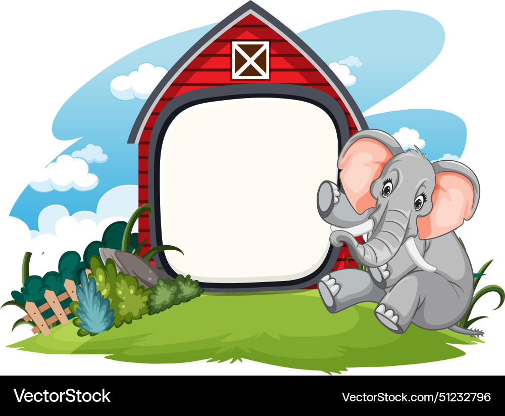 Cartoon elephant sitting beside a red barn frame Vector Image