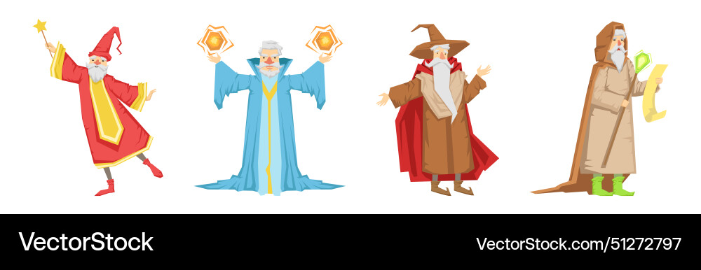 Different wizard male character in robe do spell Vector Image