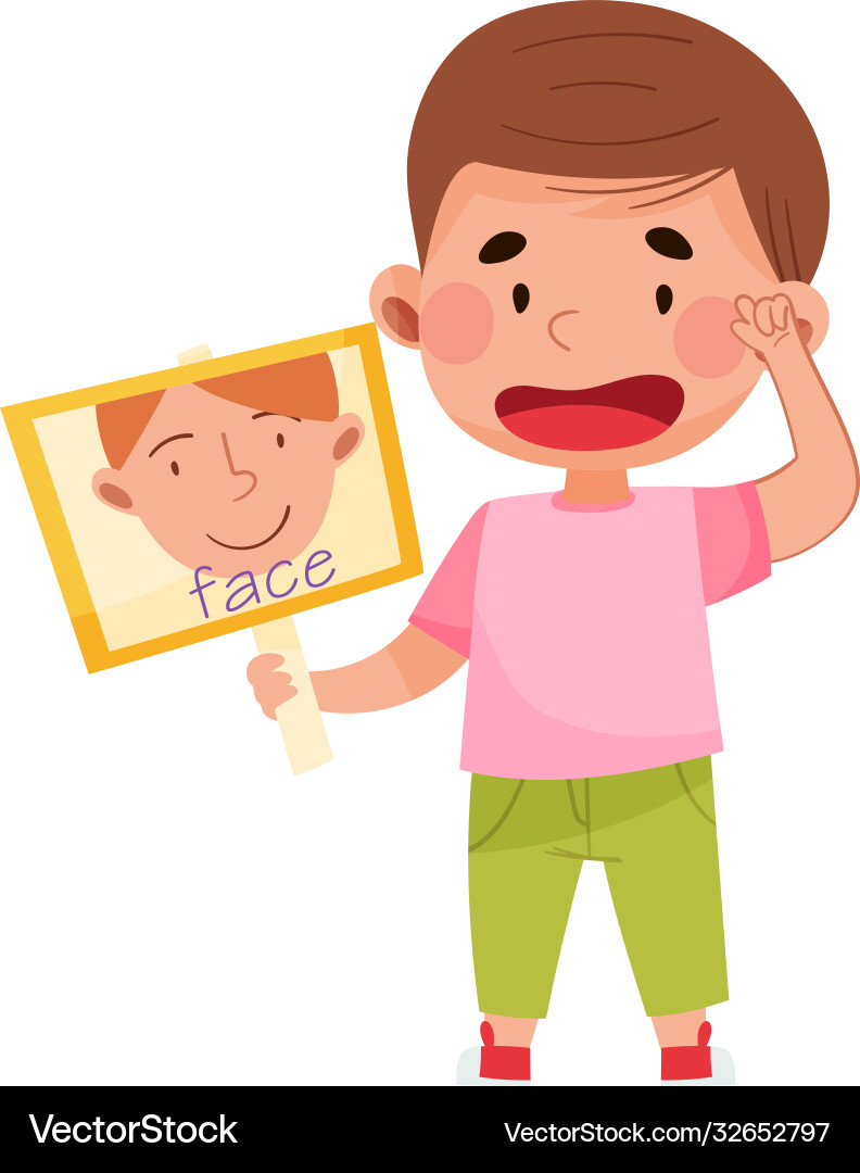 Funny boy holding flashcard with face image Vector Image