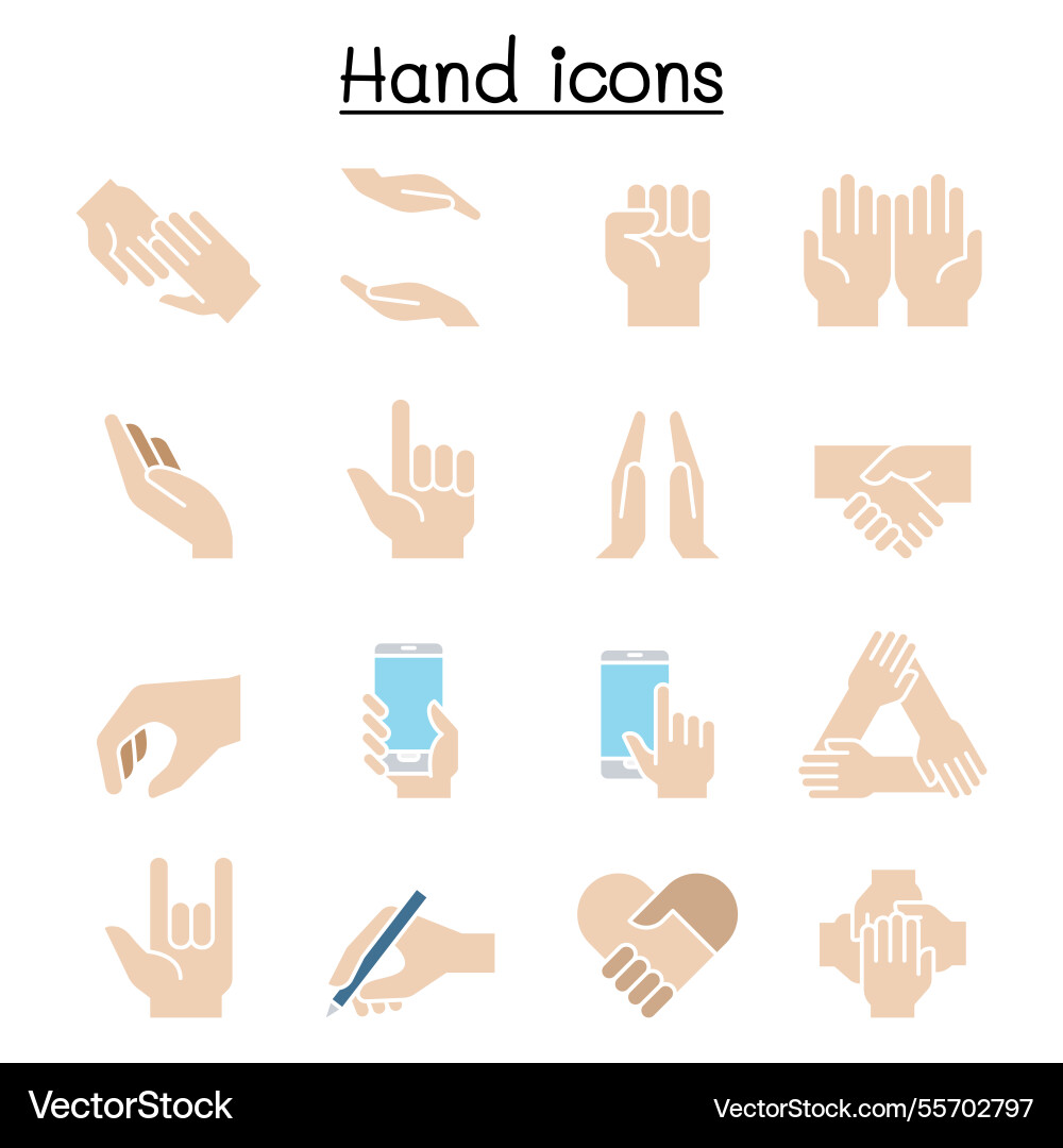 Hand icon set in flat color style Royalty Free Vector Image