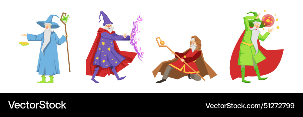 Different wizard male character in robe do spell Vector Image