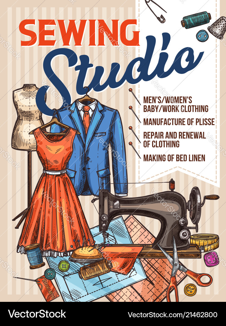 Atelier sewing and tailoring sketch poster Vector Image