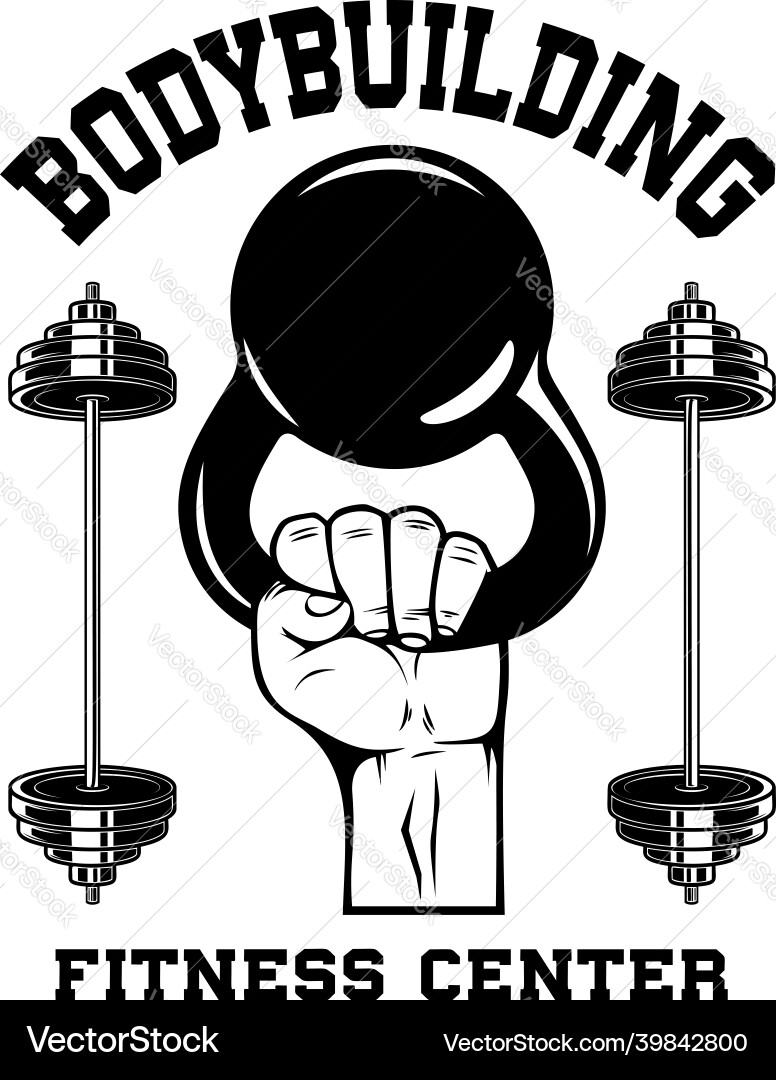 Bodybuilding emblem template with hand Royalty Free Vector