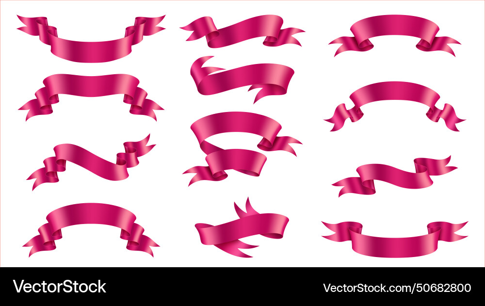 Glaring pink ribbons realistic set Royalty Free Vector Image