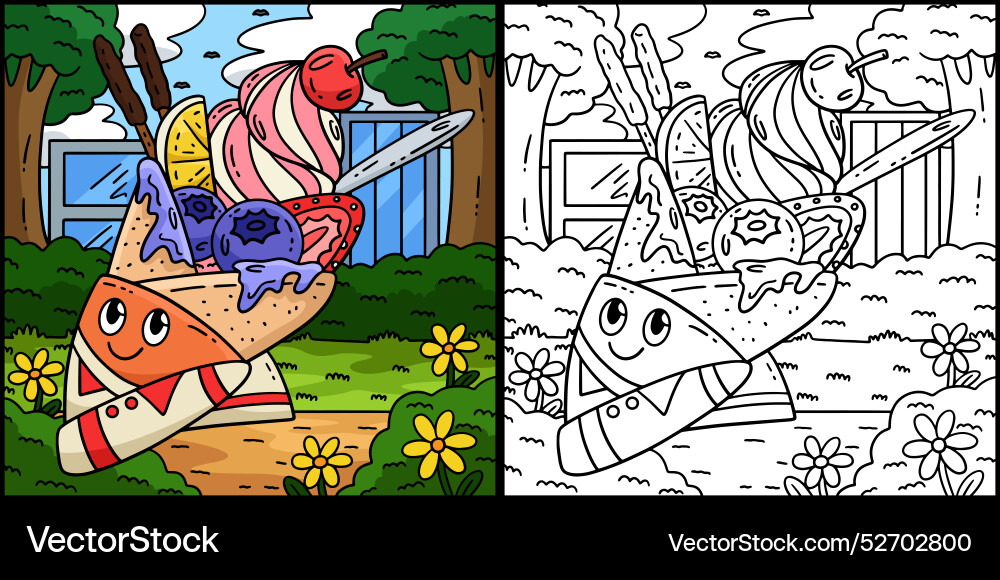 Ice cream crepe coloring page colored Royalty Free Vector