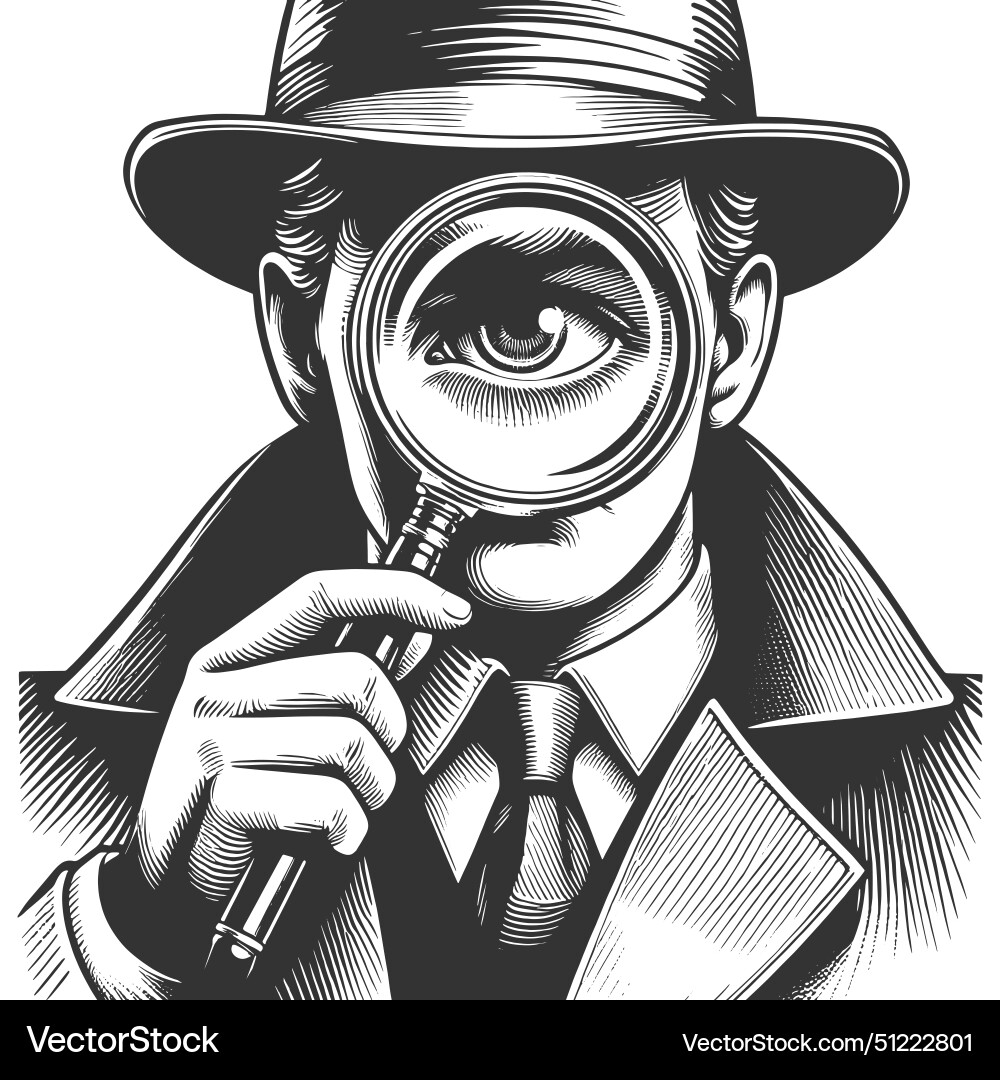 Detective with magnifying glass engraving Vector Image