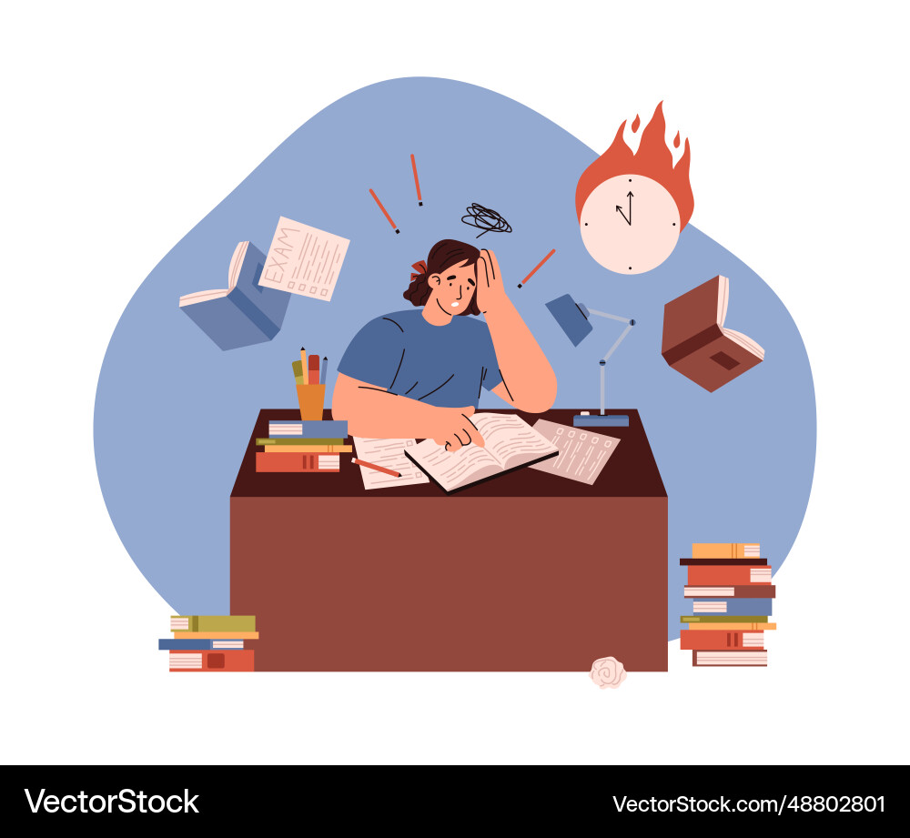 Exam stress preparation with textbook pile Vector Image