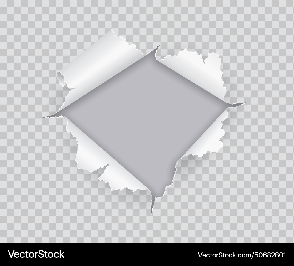 Hole in torn paper rolled on grey realistic Vector Image