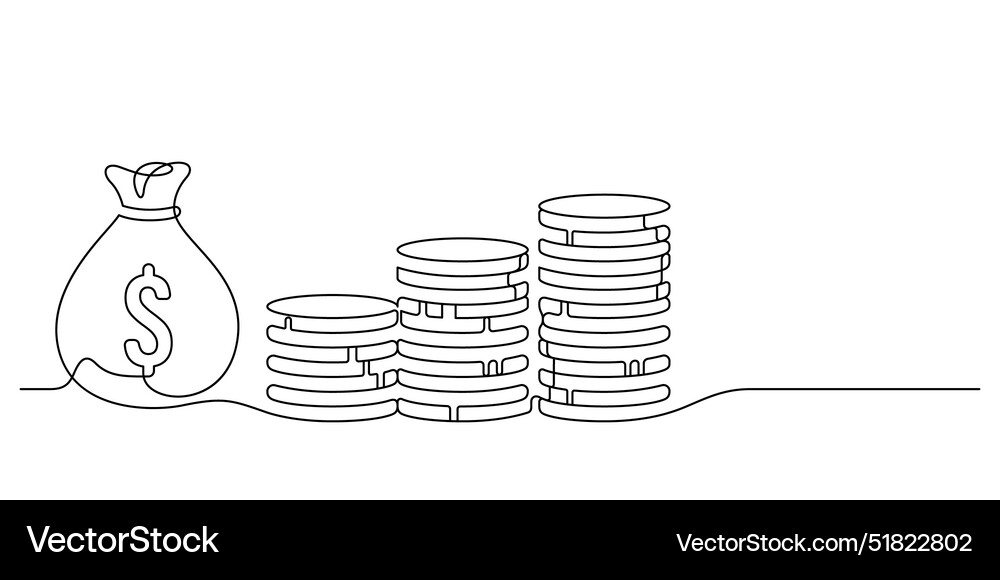 Coins stack and money bag continuous one line Vector Image