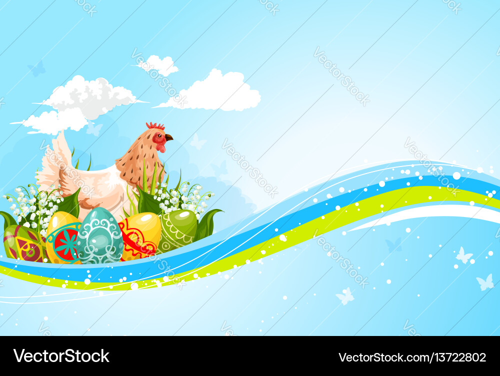 Easter Hen with Eggs and Flowers Royalty Free Vector Image