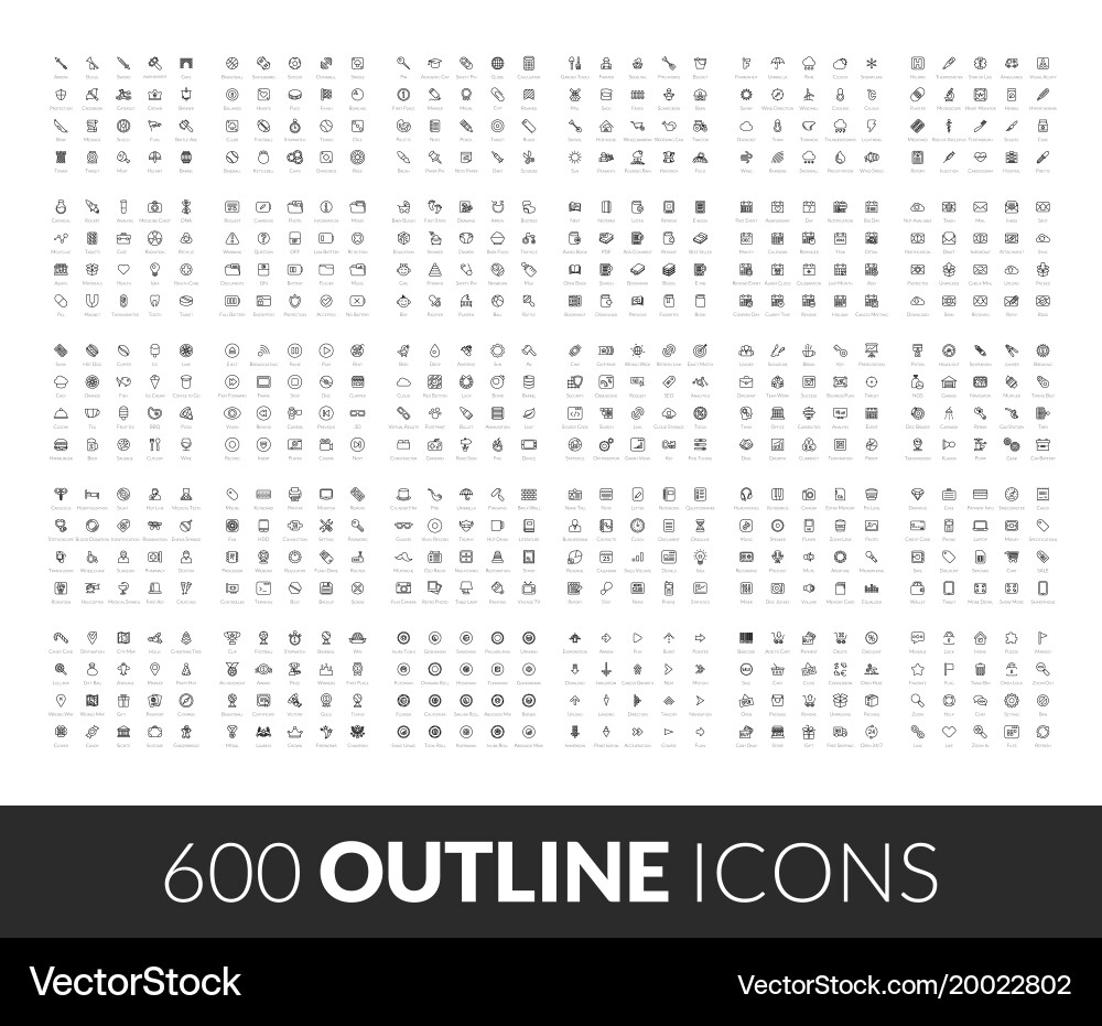 Large icons set 600 outline black Royalty Free Vector Image