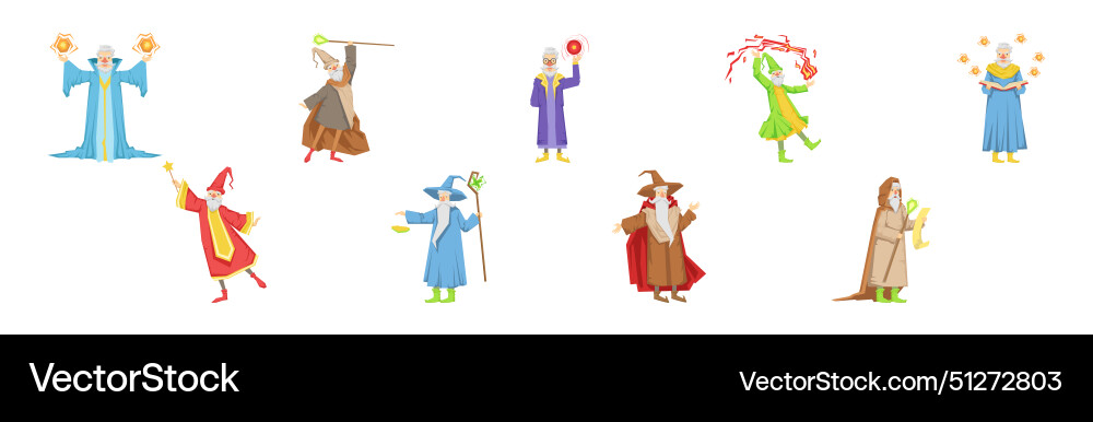 Different wizard male character in robe do spell Vector Image