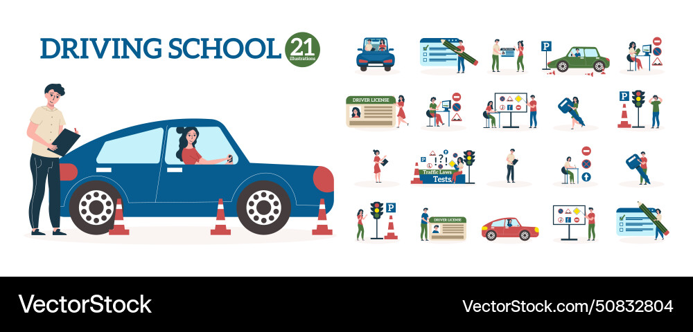 Driving school flat set Royalty Free Vector Image