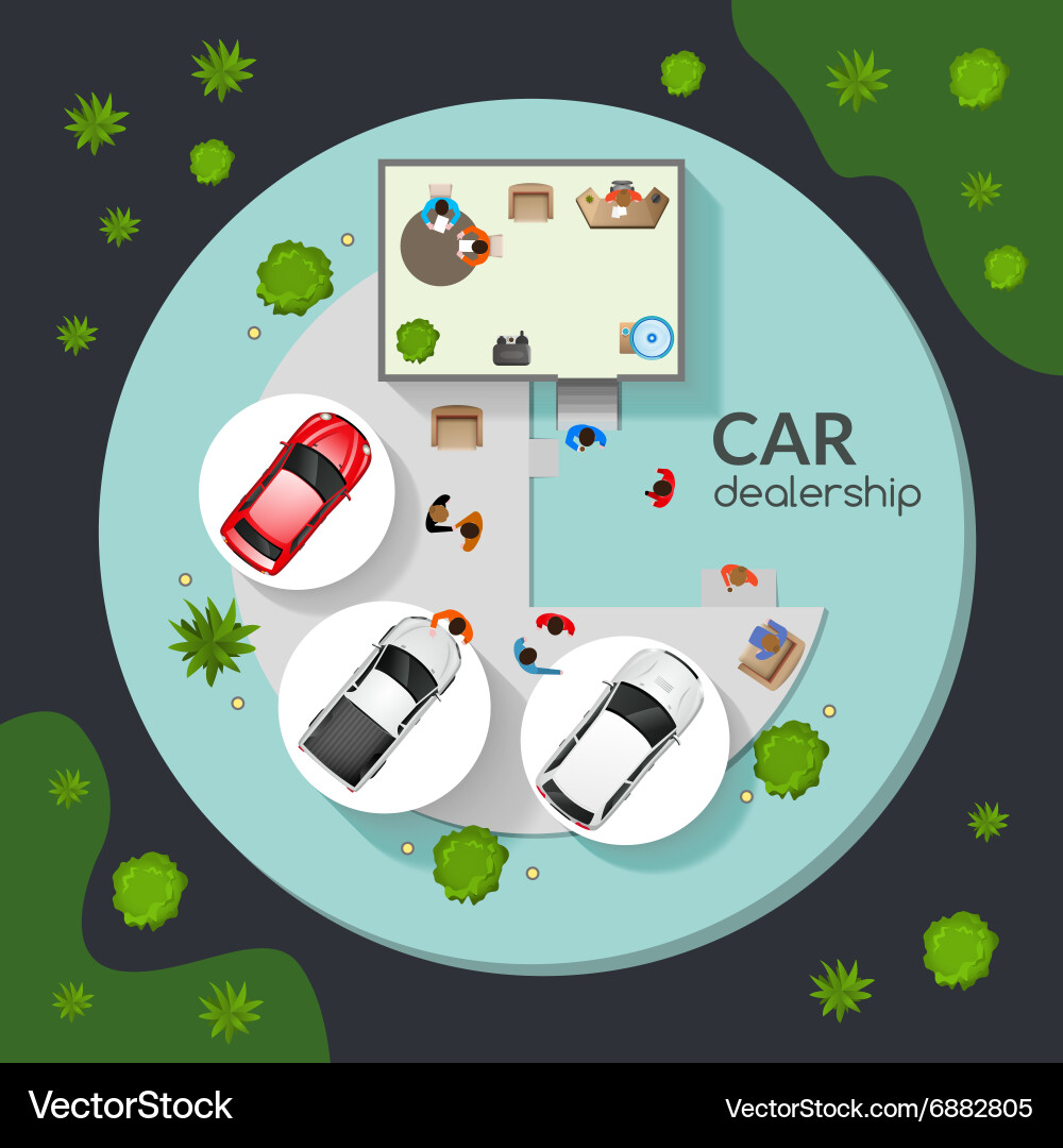 Car dealership top view flat poster Royalty Free Vector
