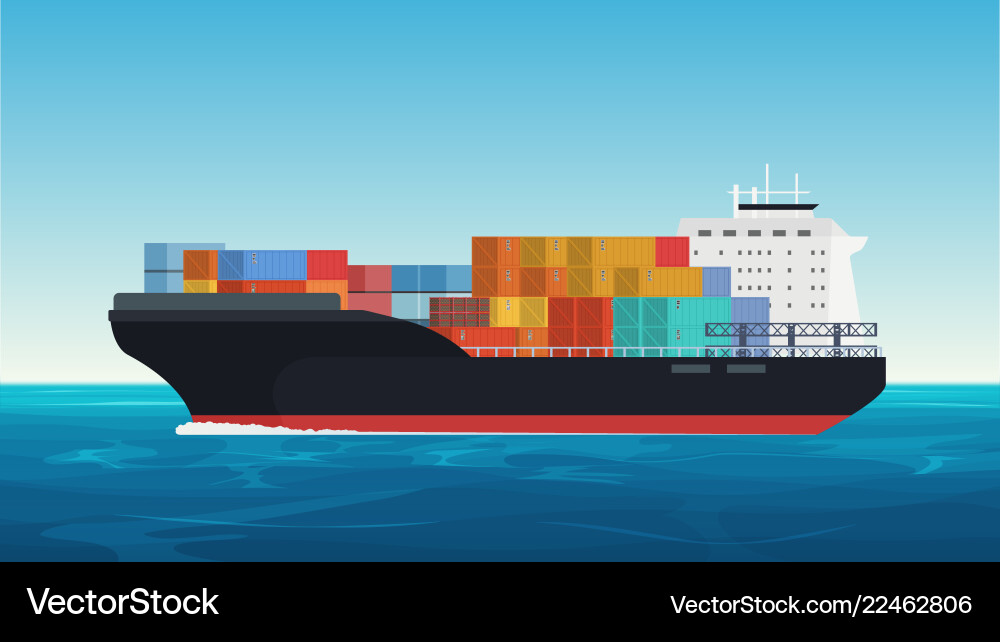 Cargo ship with containers in the ocean Royalty Free Vector