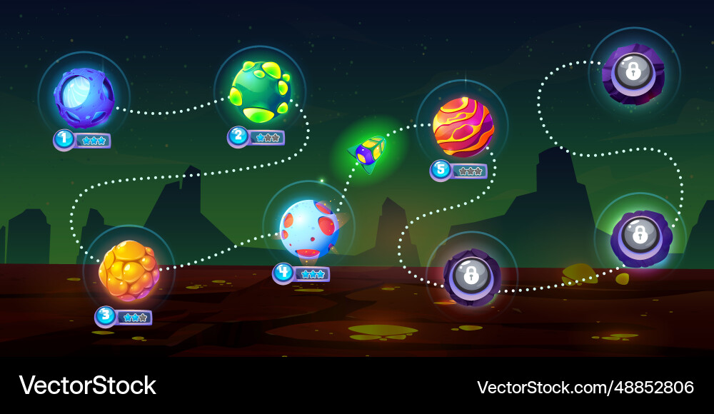 Raumspiel ui Ebene Karte mit fremden Planeten Vektorbild