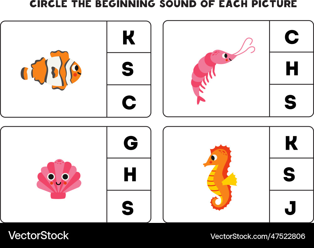 Worksheet for kids find the beginning sound Vector Image