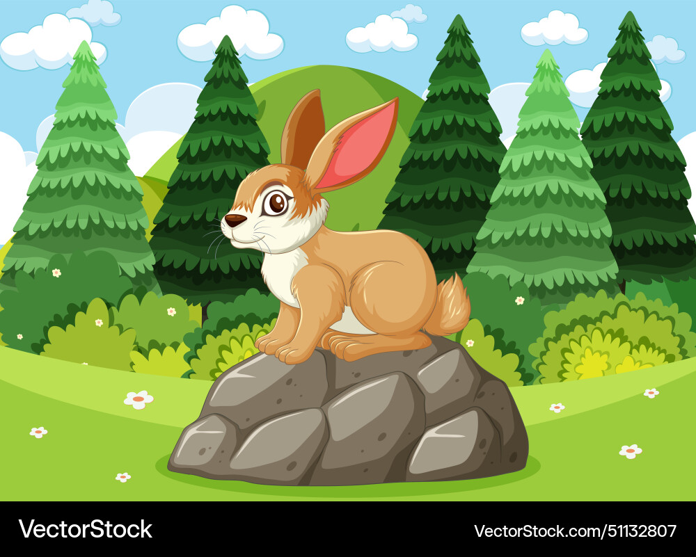 Cute rabbit sitting on rocks in a forest clearing Vector Image