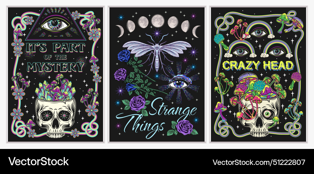 Posters with human skull third eye mushrooms Vector Image